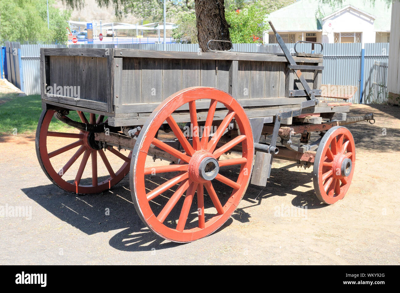 Historical four-wheeled horse or ox drawn wagon at the Big Hole in ...