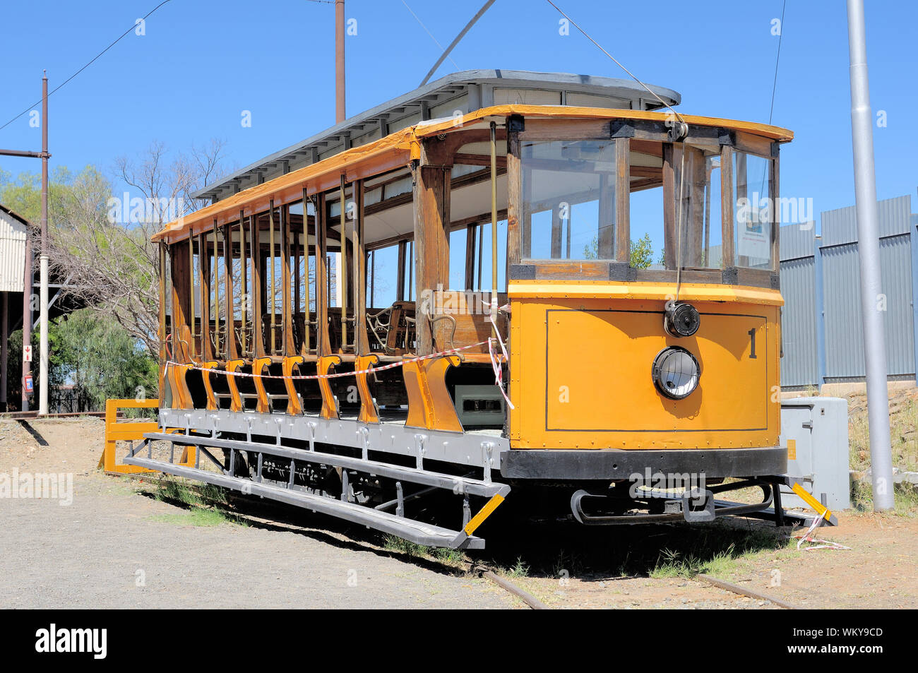 Historical electrical tram at the Big Hole in Kimberley, South Africa ...