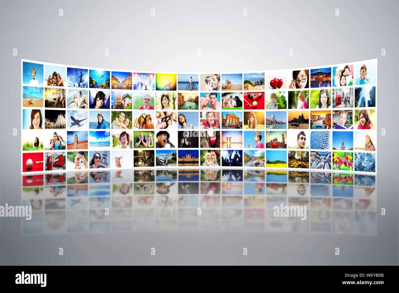 Pictures display on wide modern monitors, screens forming a big ...