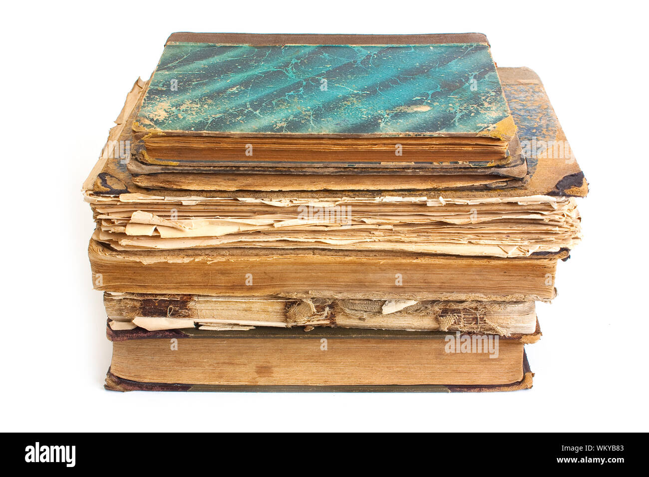 An old book with a crumpled sheet and hardcover isolated on white ...