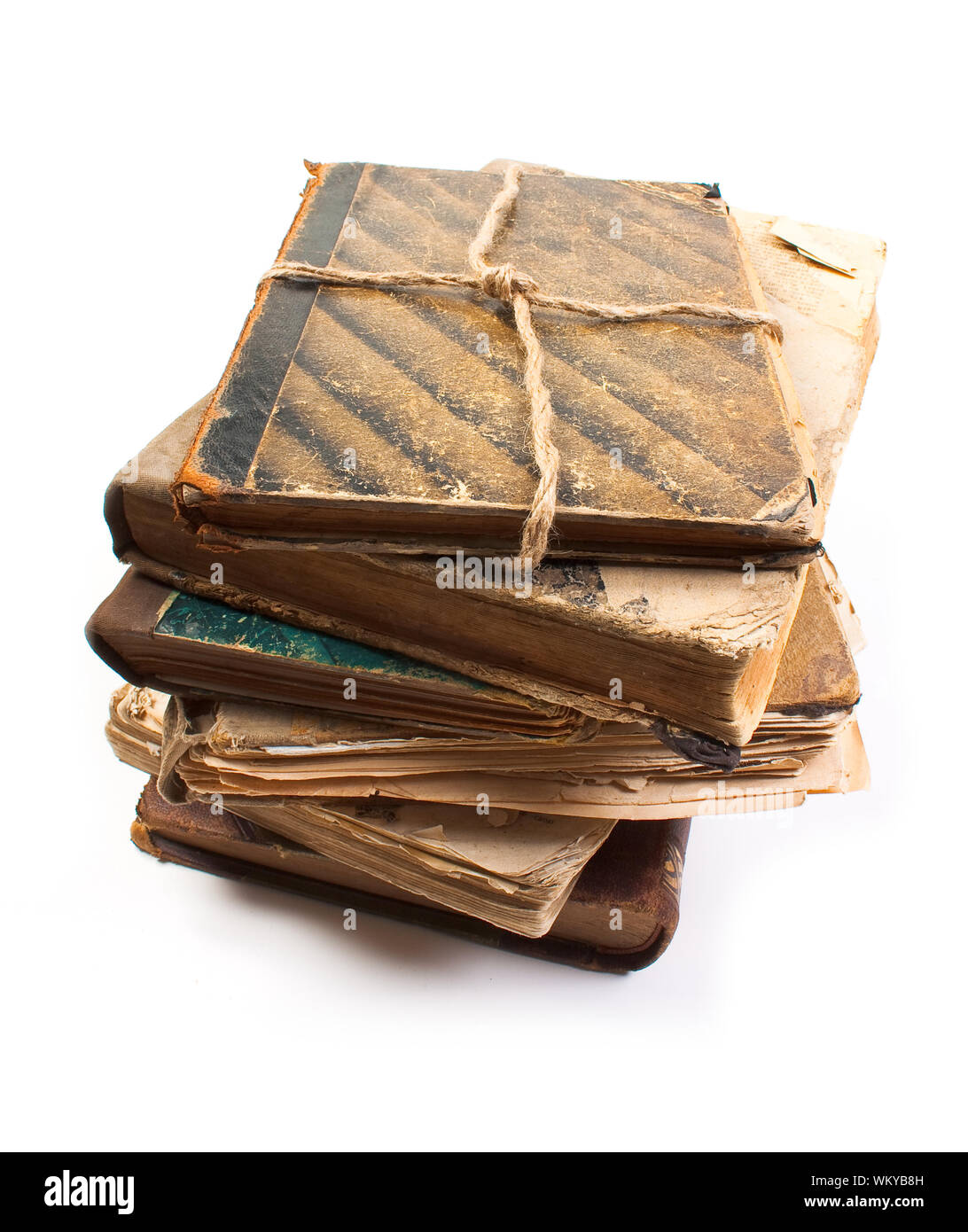 An old book with a crumpled sheet and hardcover isolated on white ...