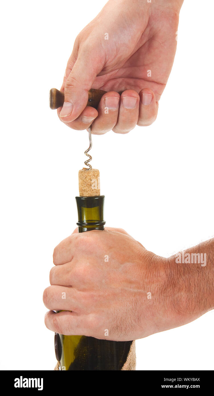 pulling corkscrew cork from the bottle isolated on white background ...