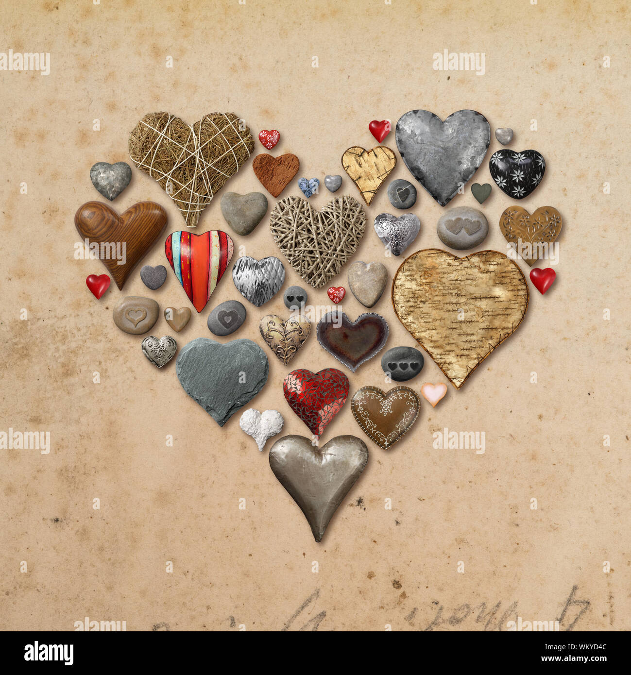 Photo of heart-shaped things made of stone, metal and wood organized in ...