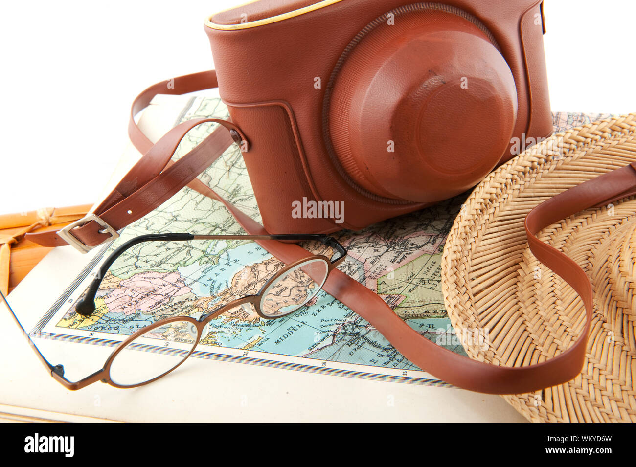 Travel around the world with map glasses and camera Stock Photo - Alamy