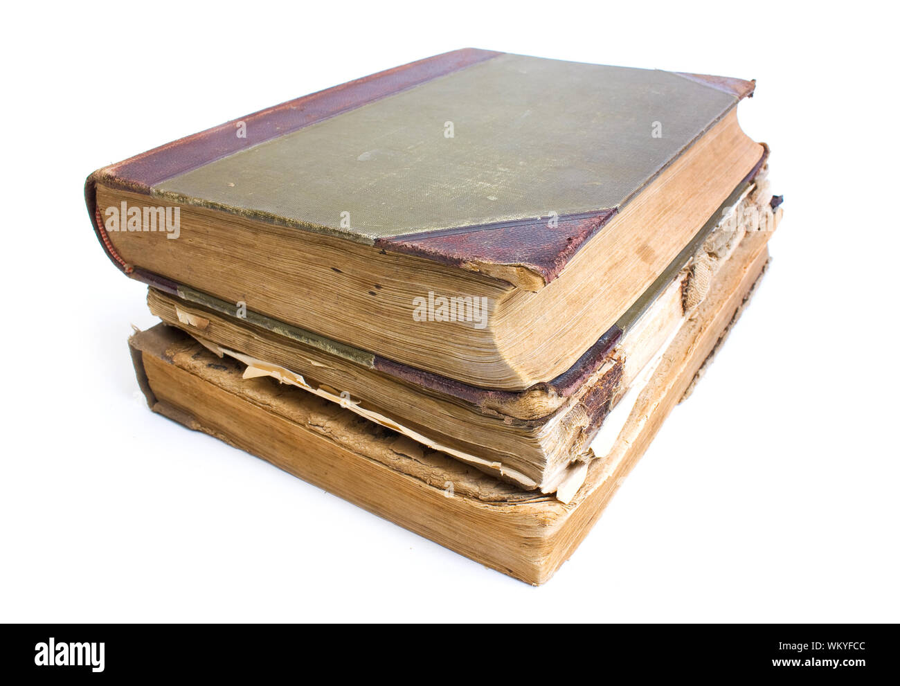 An old book with a crumpled sheet and hardcover isolated on white ...