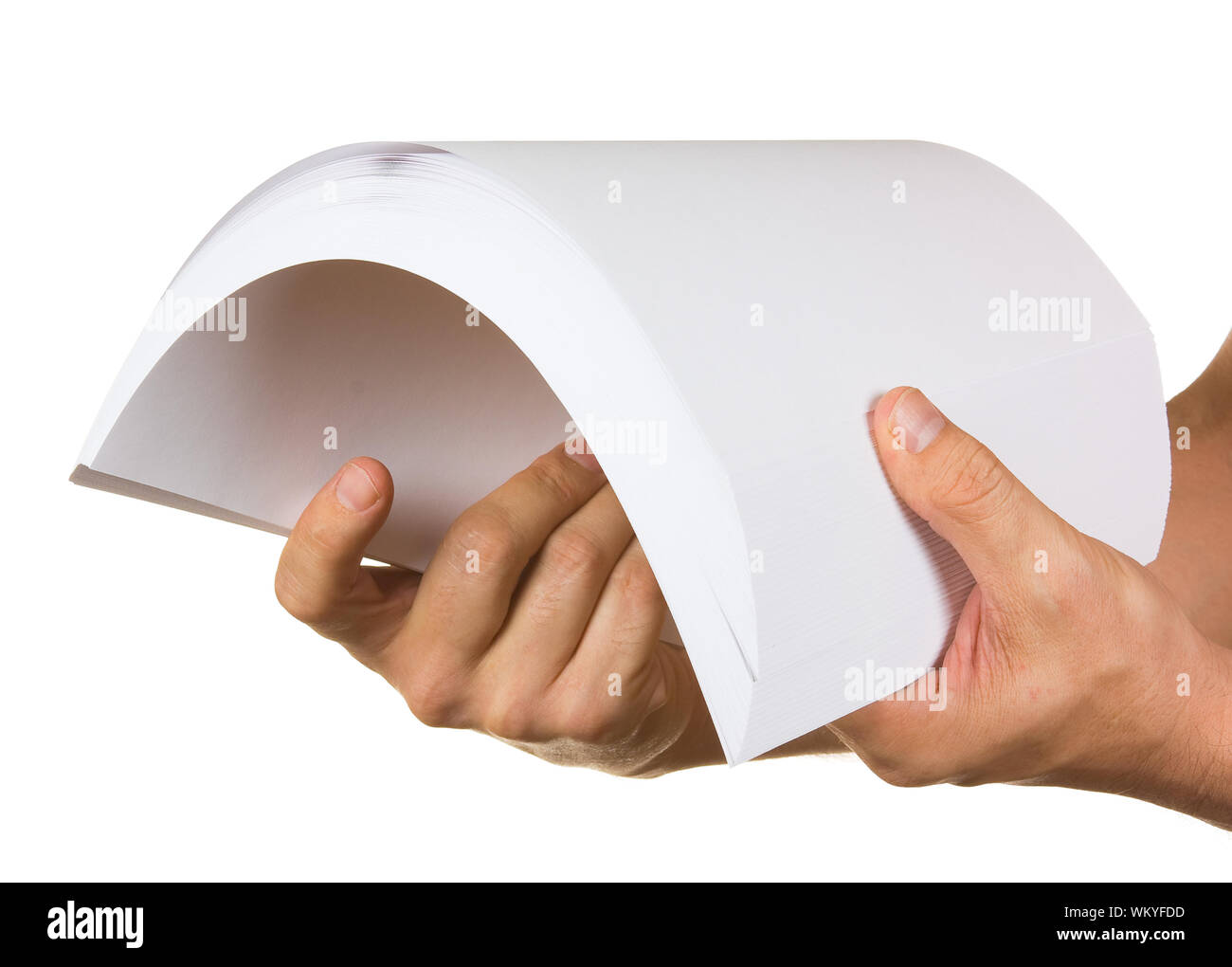a stack of paper in hand isolated on white background Stock Photo - Alamy