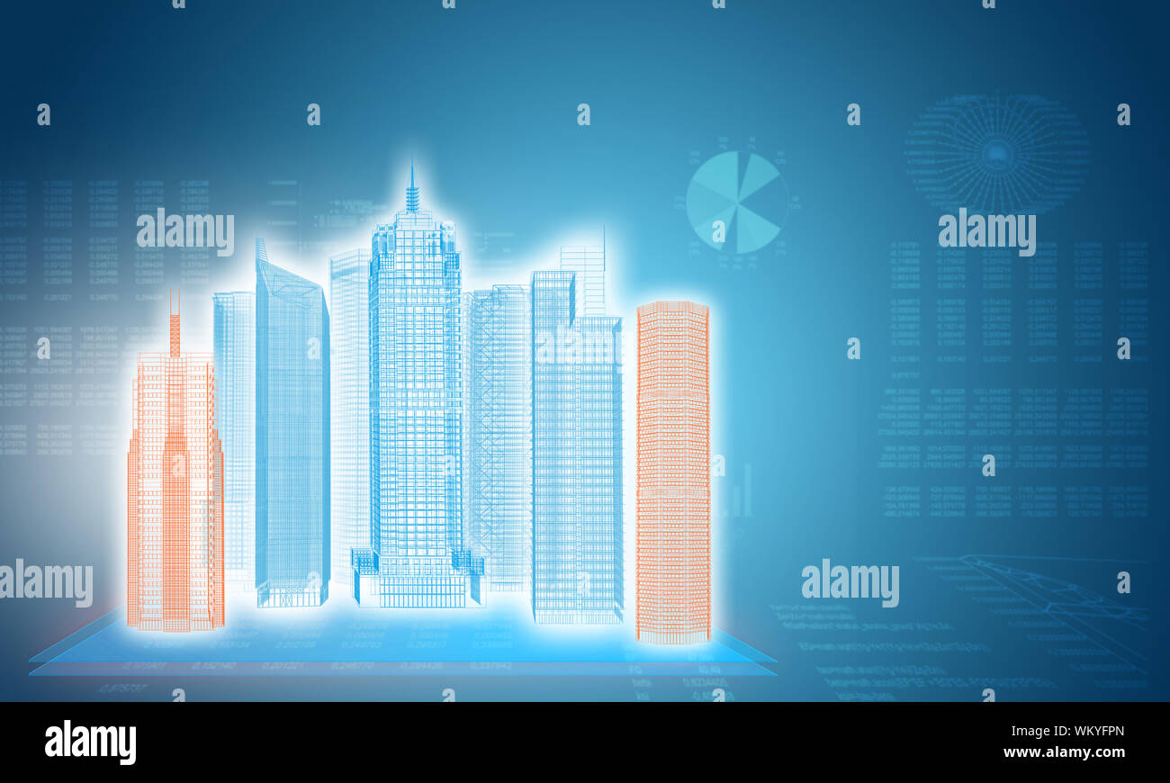 Glowing wire-frame buildings on transparent planes. Graphs and text ...