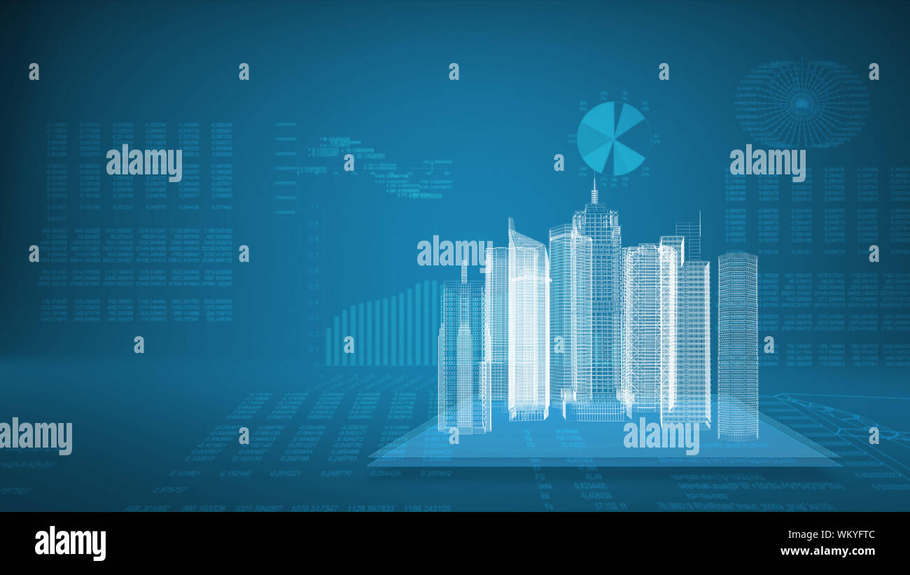 Glowing wire-frame buildings on transparent planes. Graphs and text ...