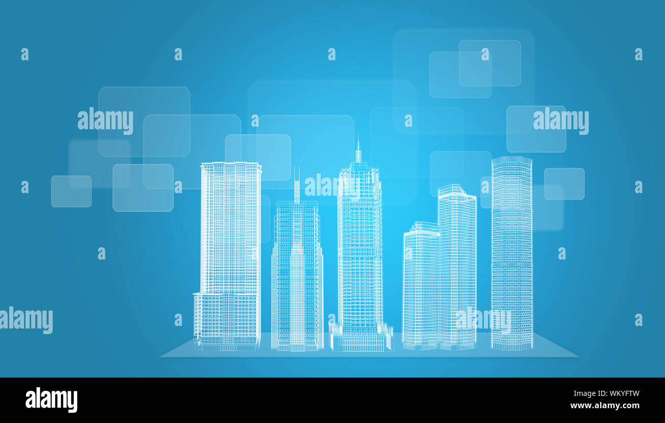 Glowing wire-frame buildings on transparent plane. Rectangles as ...