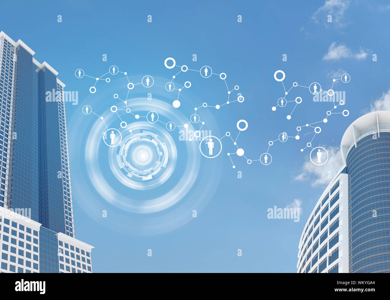 Skyscrapers and sky with network. Architecture background Stock Photo ...