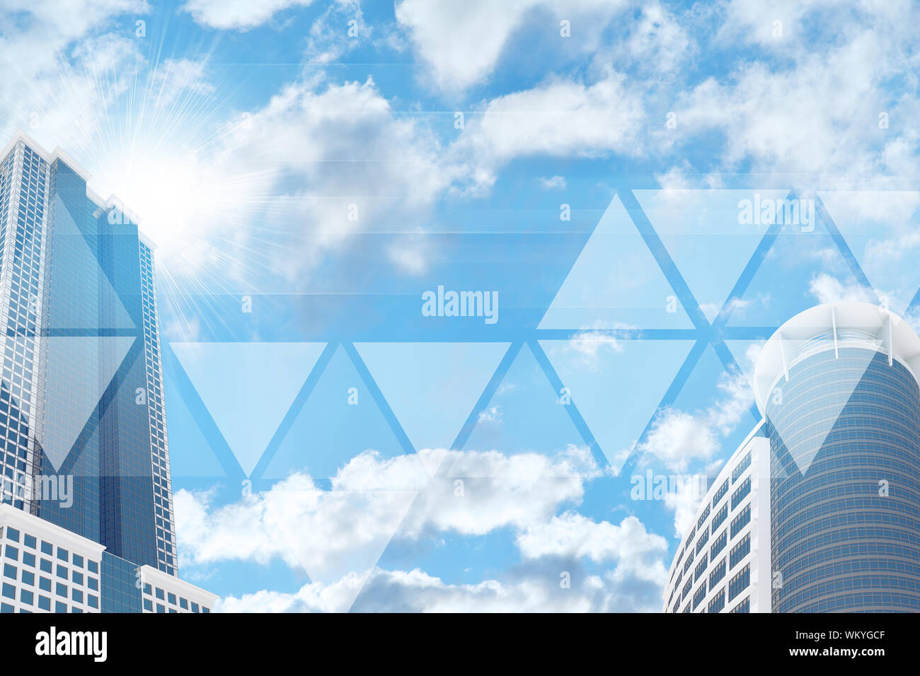 Skyscrapers and sky with transparent triangles. Architecture background ...