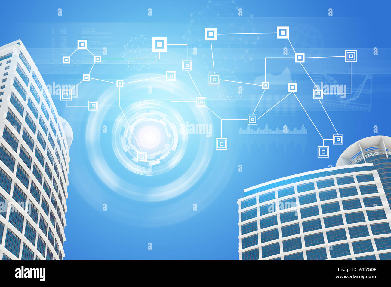 Skyscrapers, sky and network with circles. Architecture background ...