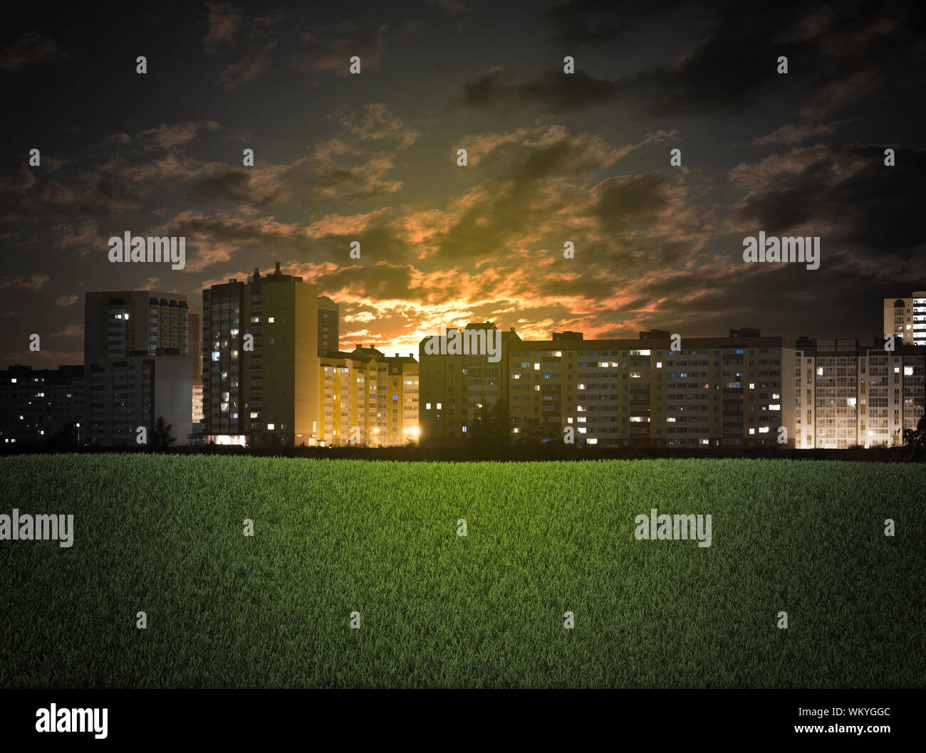 Night city. Buildings and green grass field Stock Photo - Alamy