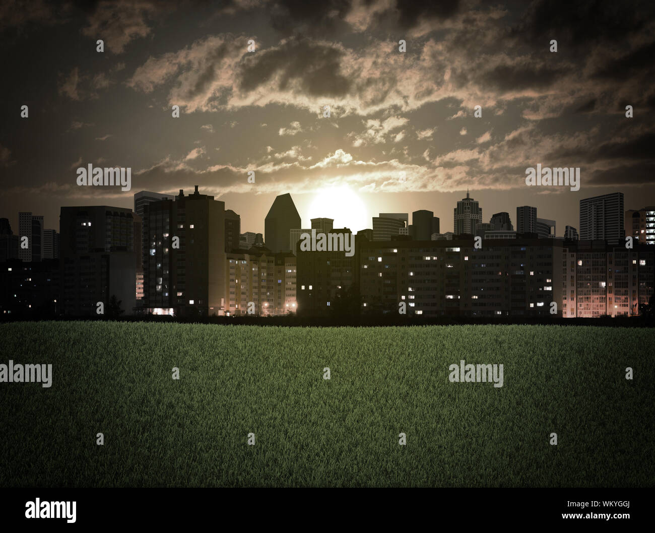 Night city. Buildings and green grass field Stock Photo - Alamy