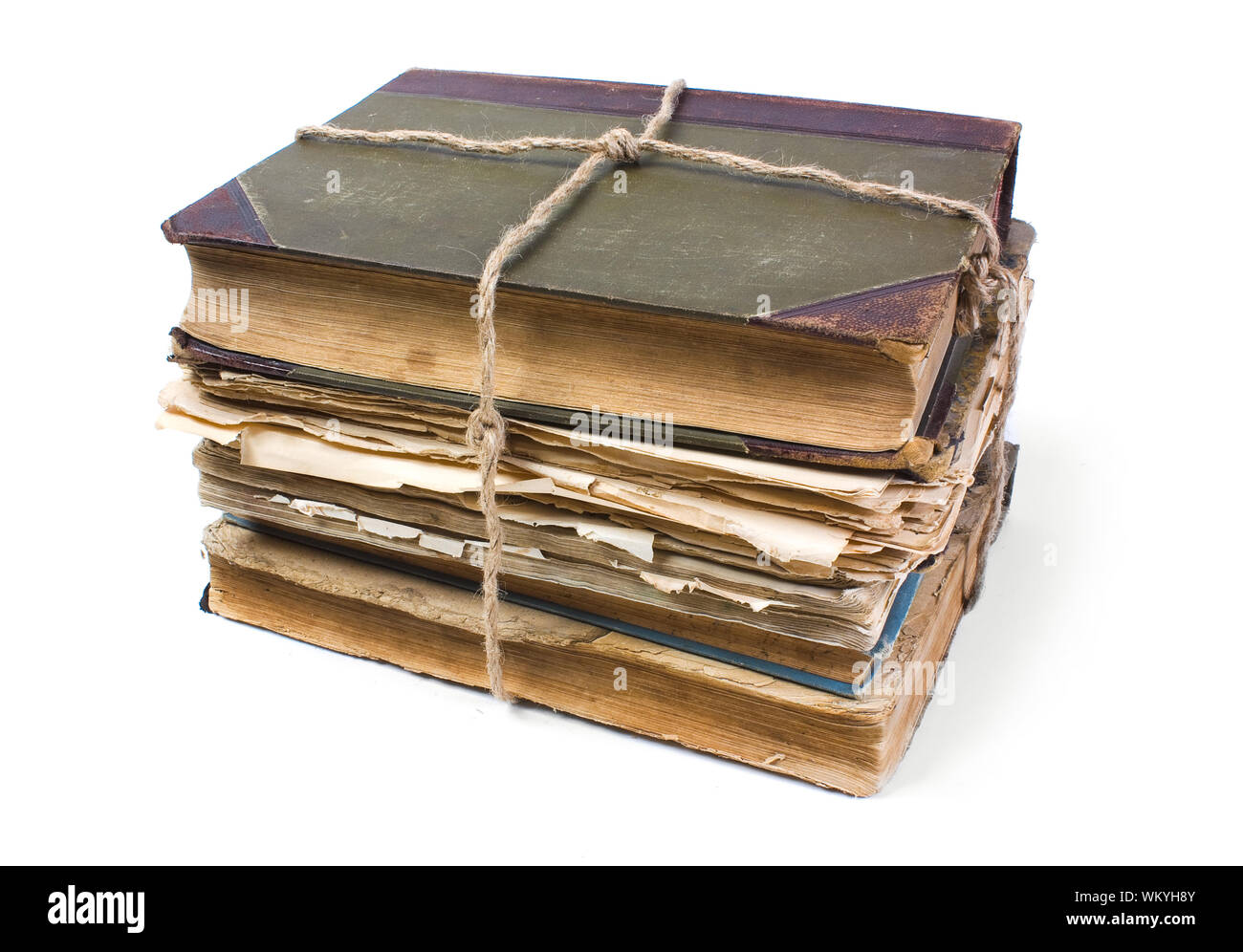An old book with a crumpled sheet and hardcover isolated on white ...