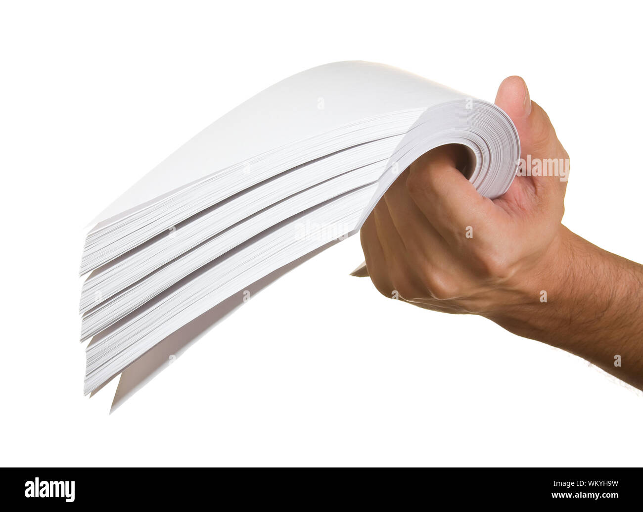 a stack of paper in hand isolated on white background Stock Photo - Alamy