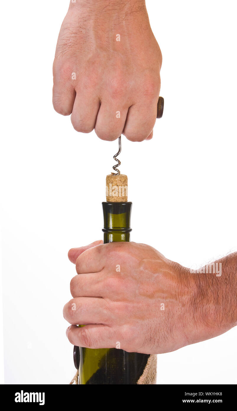 pulling corkscrew cork from the bottle isolated on white background ...