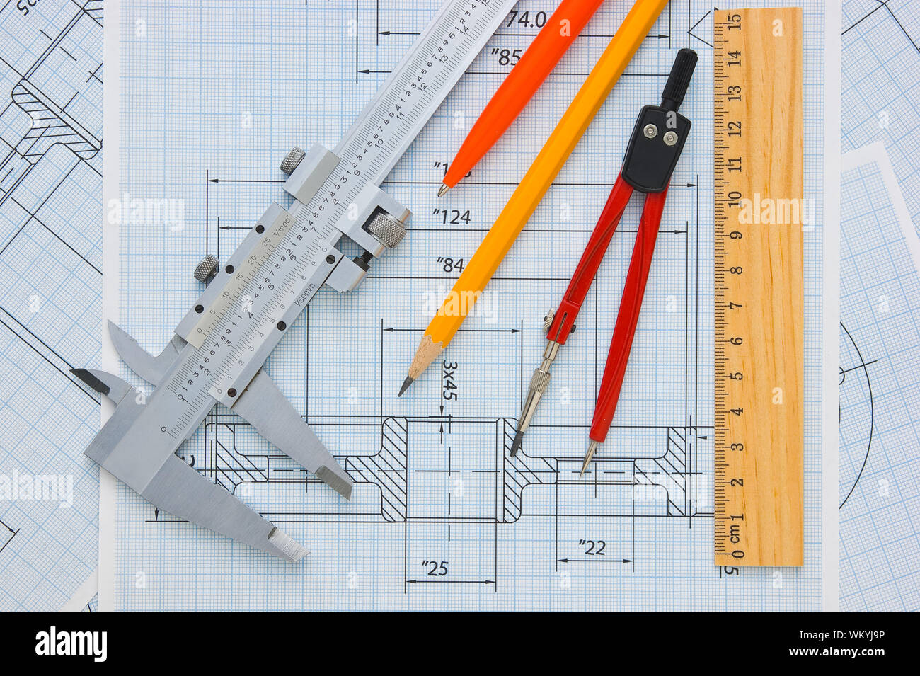 tools and mechanisms detail on the background of technical drawings ...
