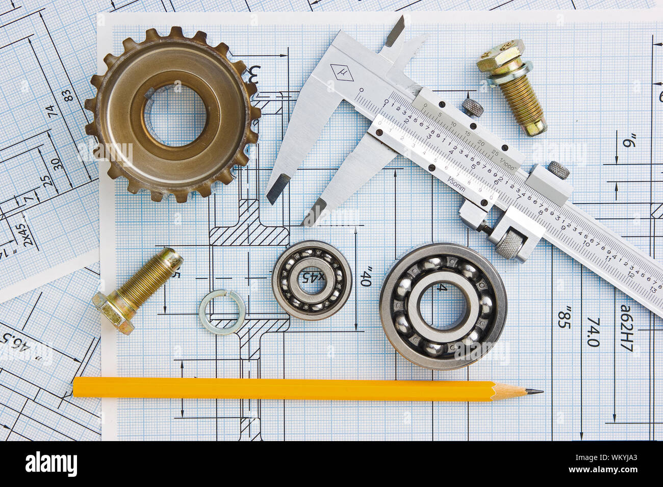 tools and mechanisms detail on the background of technical drawings ...
