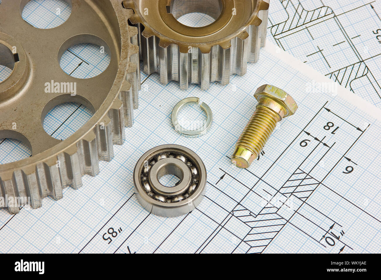 tools and mechanisms detail on the background of technical drawings ...