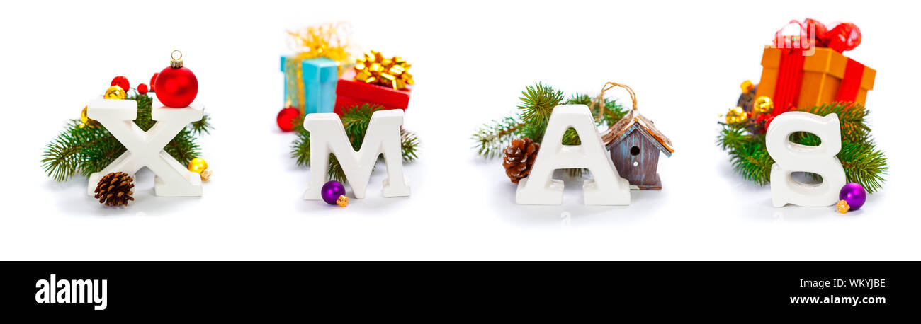 Christmas letters with decorations over white Stock Photo - Alamy
