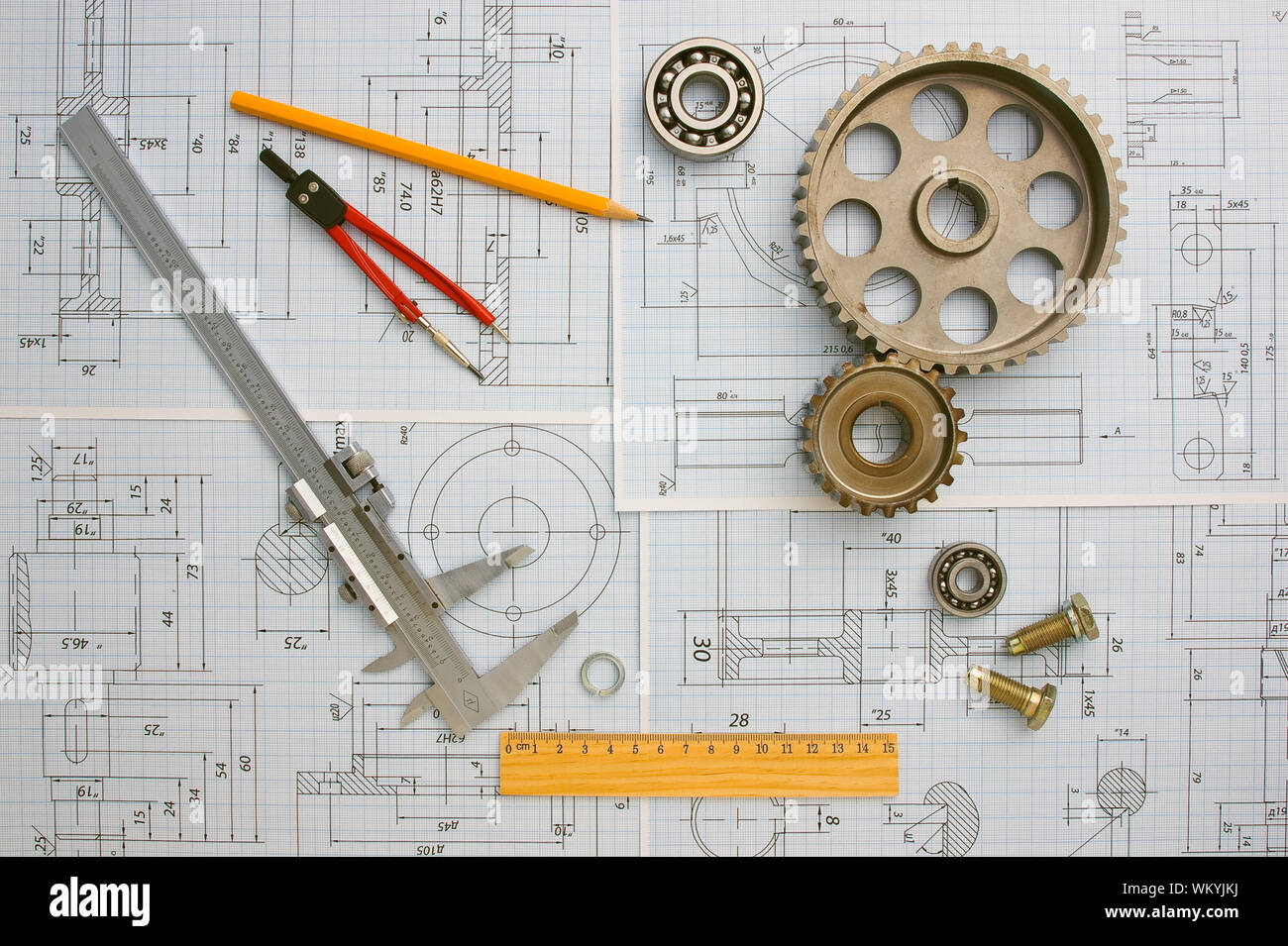 tools and mechanisms detail on the background of technical drawings ...