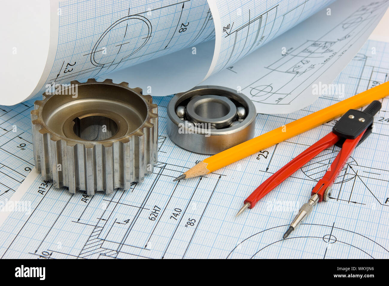 tools and mechanisms detail on the background of technical drawings ...