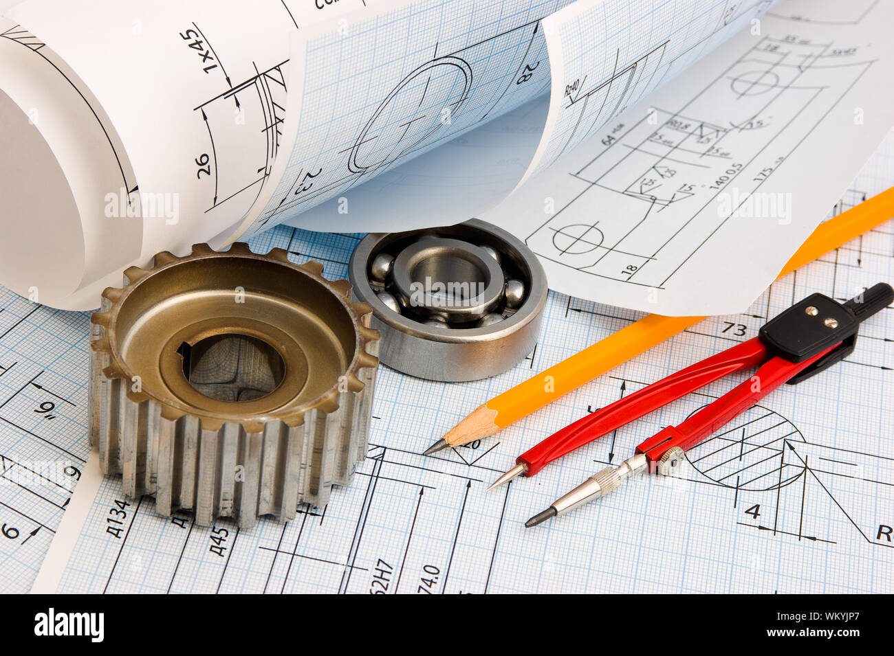 tools and mechanisms detail on the background of technical drawings ...