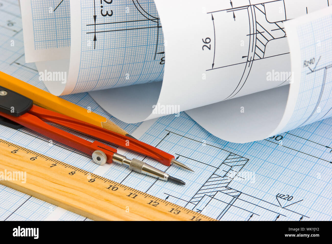 tools and mechanisms detail on the background of technical drawings ...