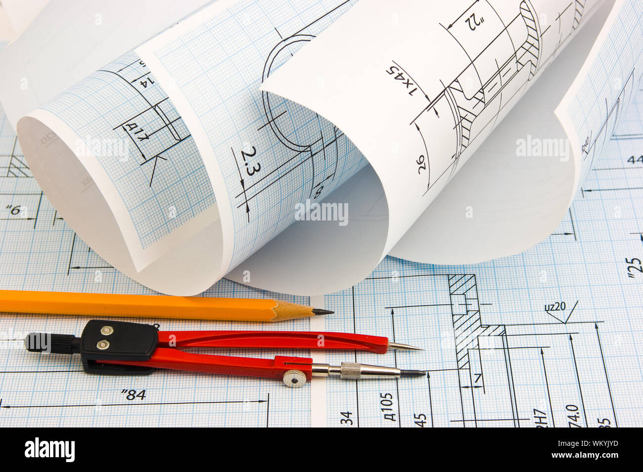tools and mechanisms detail on the background of technical drawings ...