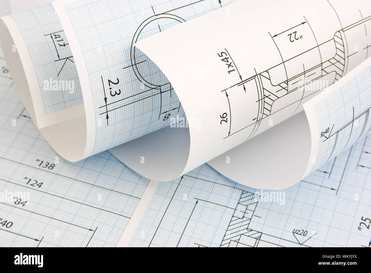 tools and mechanisms detail on the background of technical drawings ...