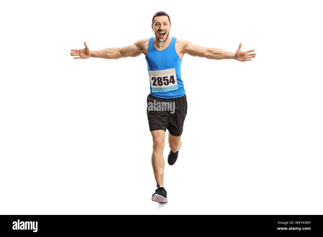 Full length portrait of a young male runner running a marathon isolated ...