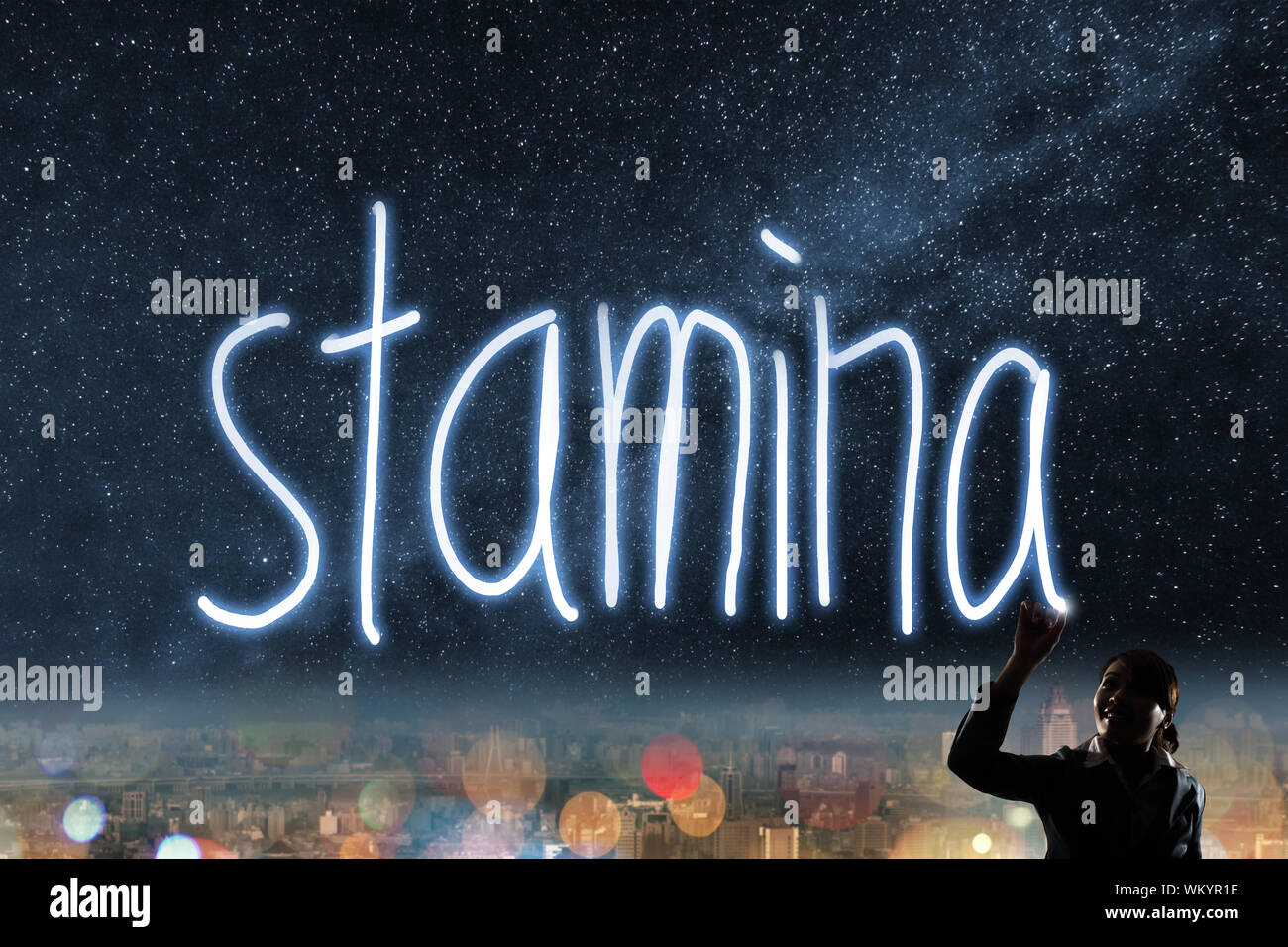 Concept of stamina, silhouette asian business woman light drawing Stock ...