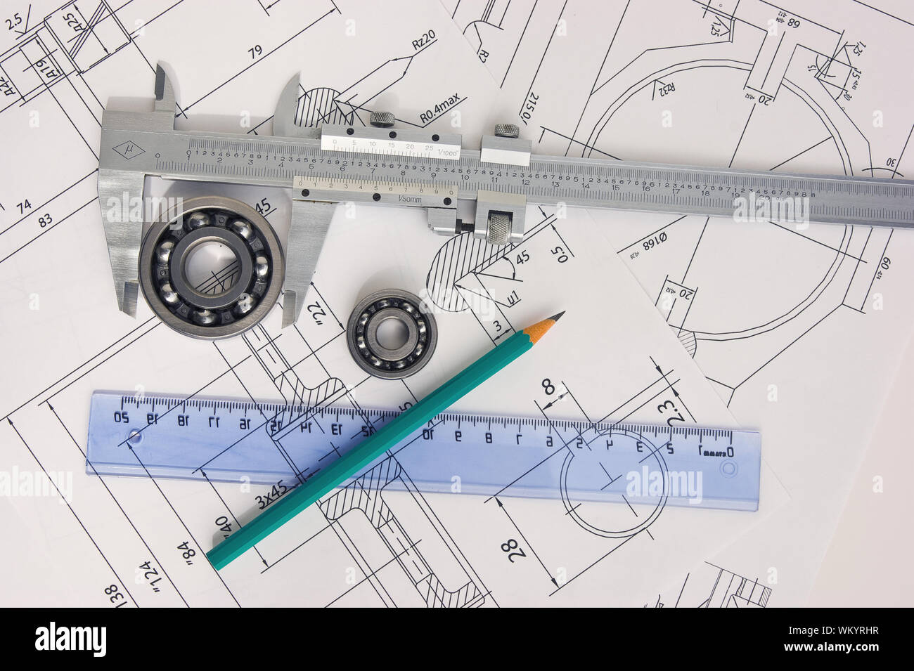 tools and mechanisms detail on the background of technical drawings ...