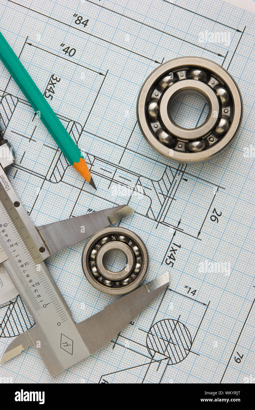 tools and mechanisms detail on the background of technical drawings ...
