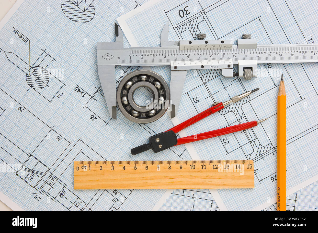 tools and mechanisms detail on the background of technical drawings ...