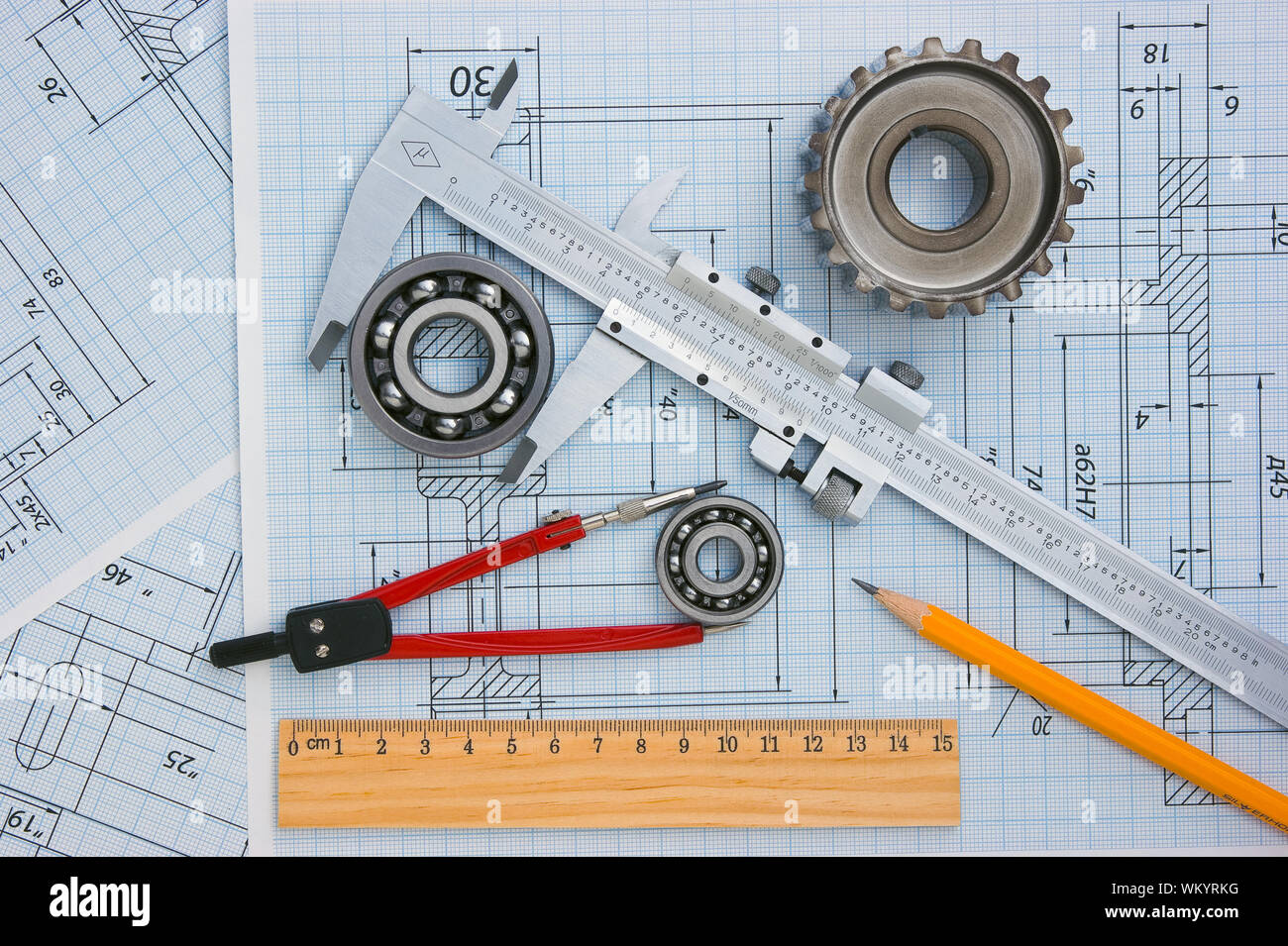tools and mechanisms detail on the background of technical drawings ...
