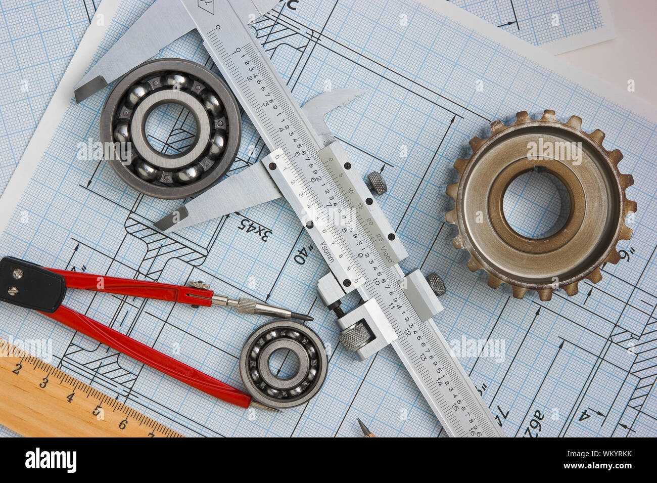 tools and mechanisms detail on the background of technical drawings ...