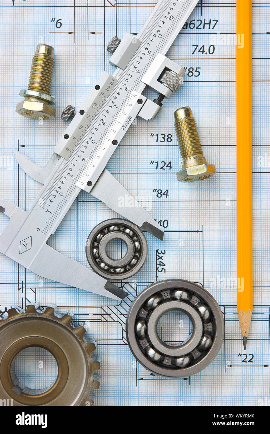 tools and mechanisms detail on the background of technical drawings ...