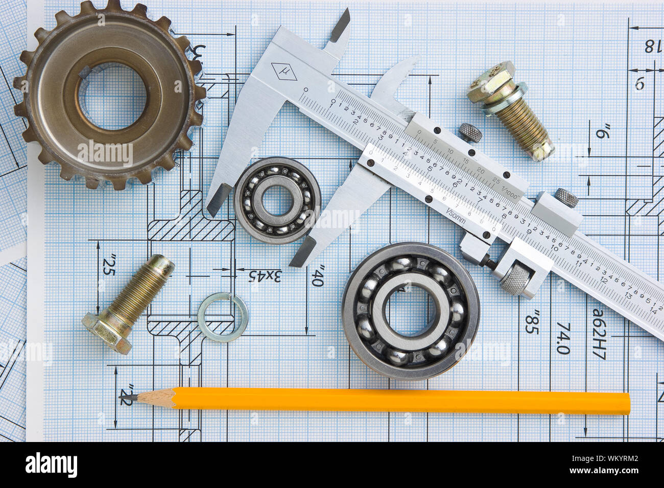 tools and mechanisms detail on the background of technical drawings ...