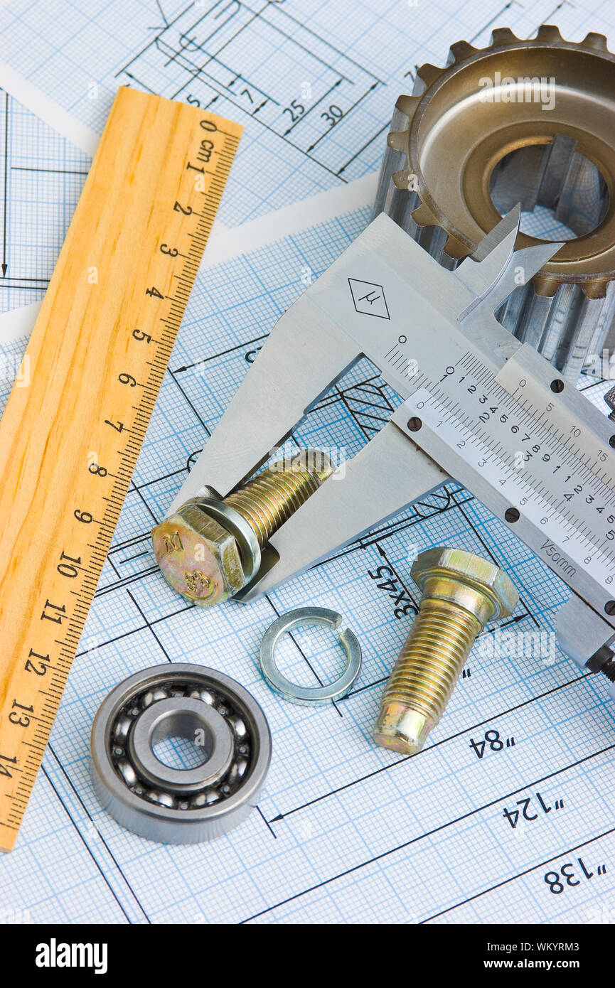 tools and mechanisms detail on the background of technical drawings ...