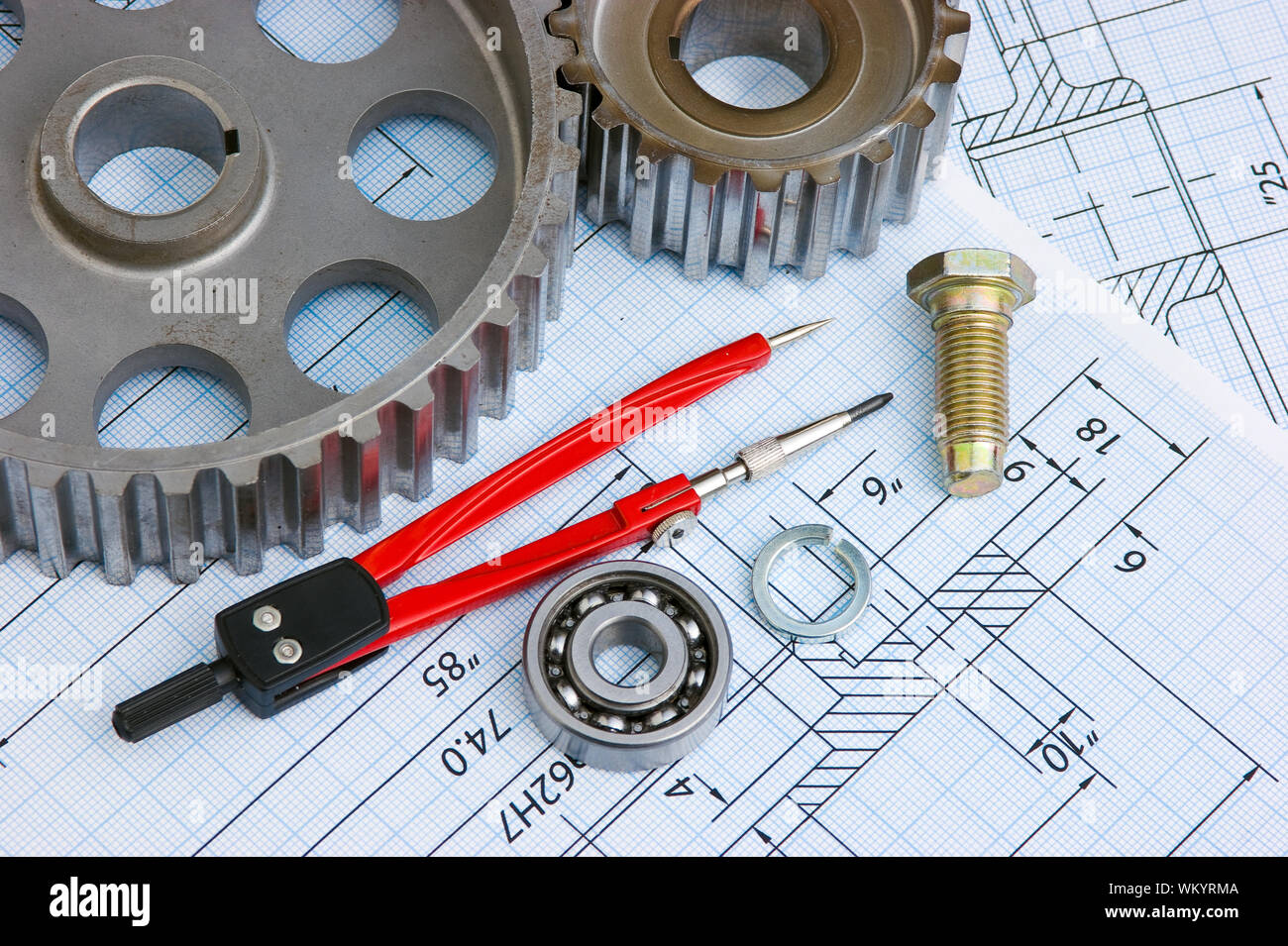 tools and mechanisms detail on the background of technical drawings ...