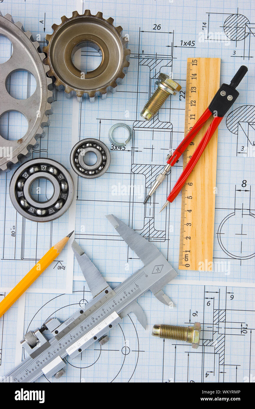 tools and mechanisms detail on the background of technical drawings ...