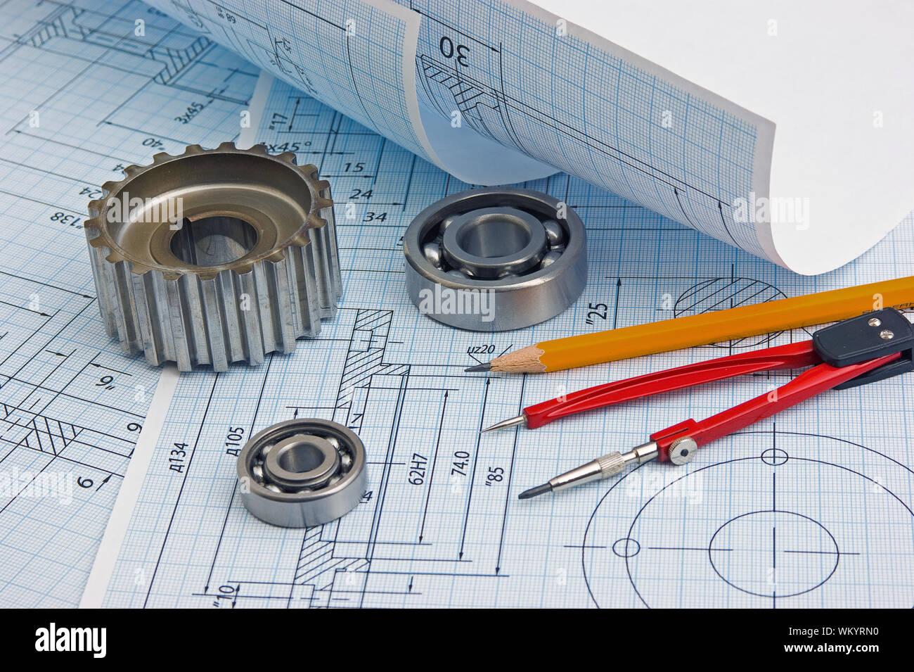 tools and mechanisms detail on the background of technical drawings ...