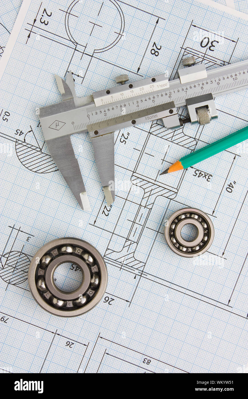 tools and mechanisms detail on the background of technical drawings ...