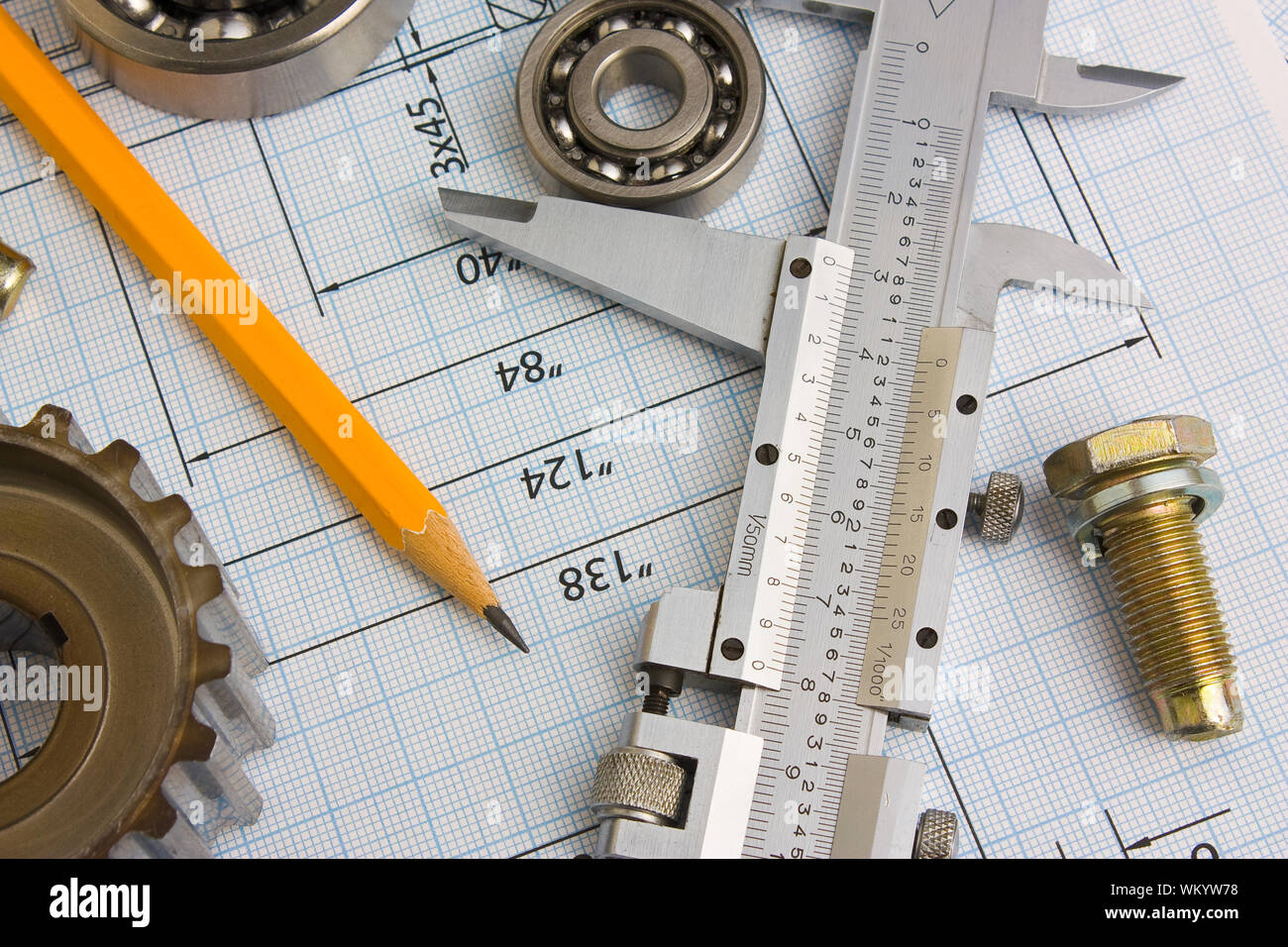 tools and mechanisms detail on the background of technical drawings ...