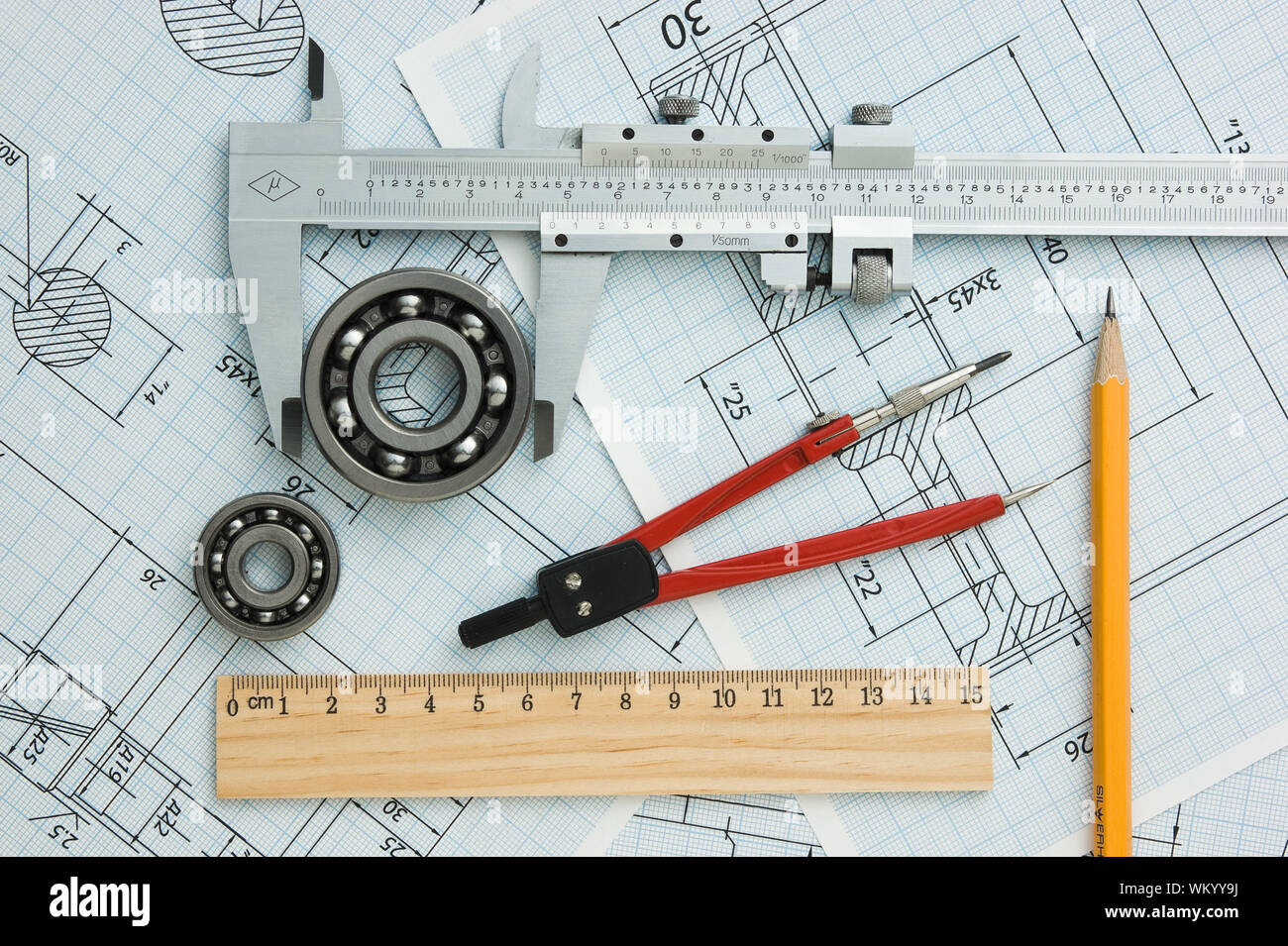 tools and mechanisms detail on the background of technical drawings ...