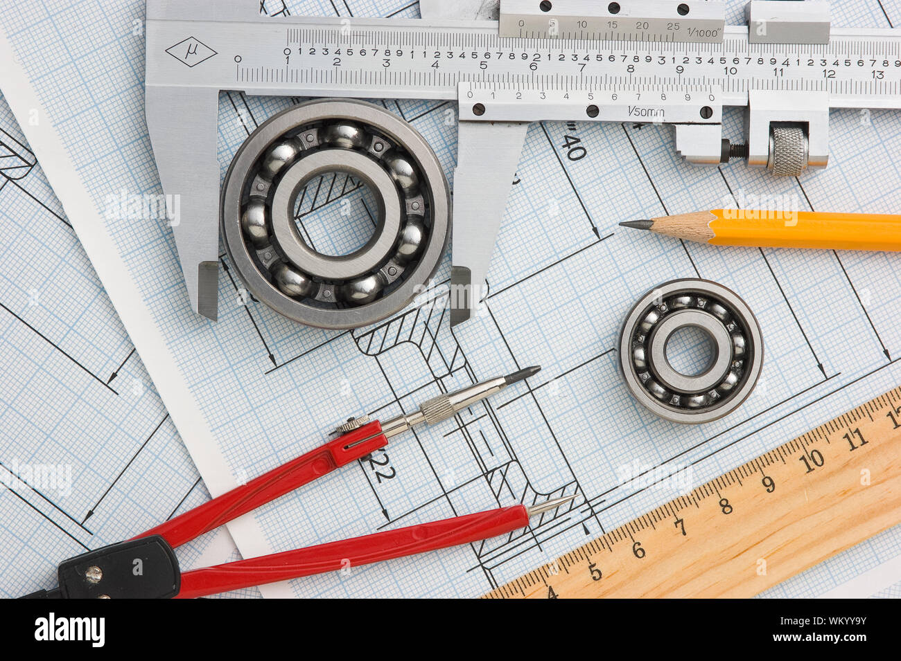 tools and mechanisms detail on the background of technical drawings ...
