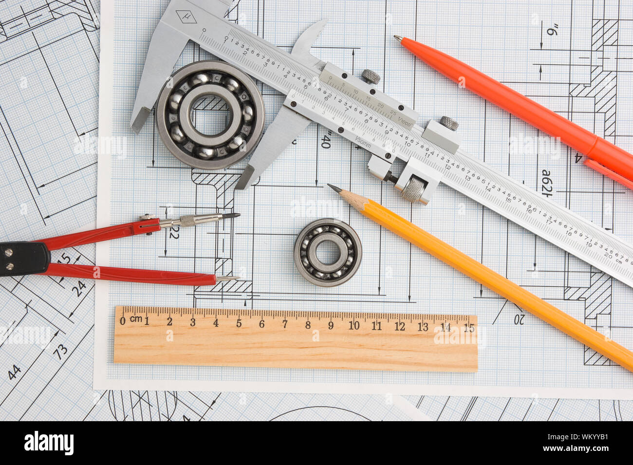 tools and mechanisms detail on the background of technical drawings ...