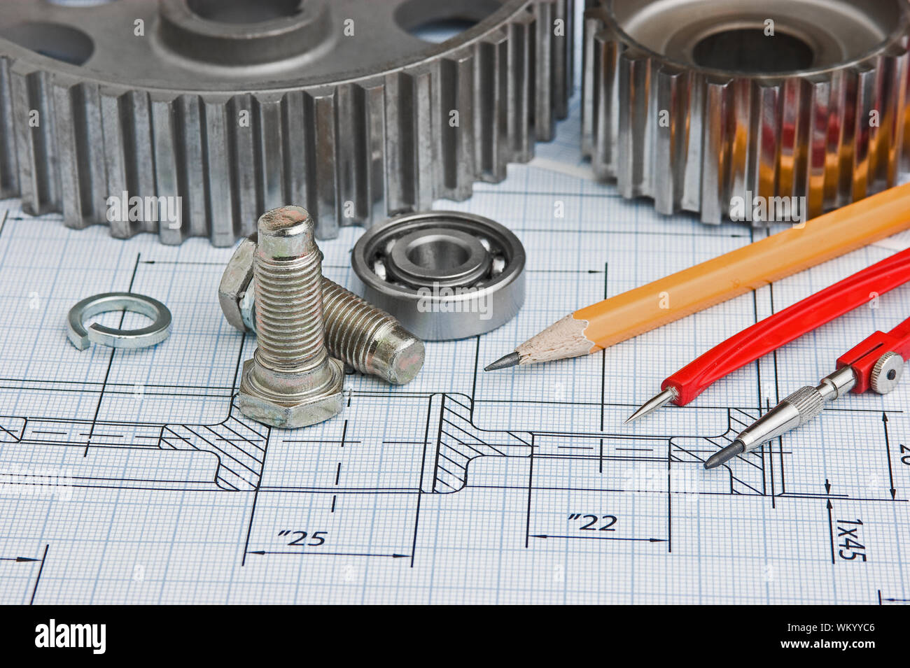 tools and mechanisms detail on the background of technical drawings ...